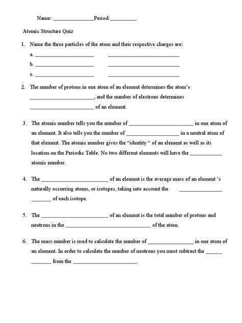 Atomic Structure Quiz Testing Knowledge Of Subatomic Particles Isotopes And The Structure Of