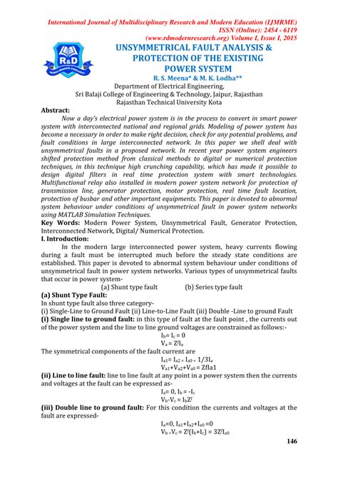 Pdf Unsymmetrical Fault Analysis And Protection Of The Existing Power