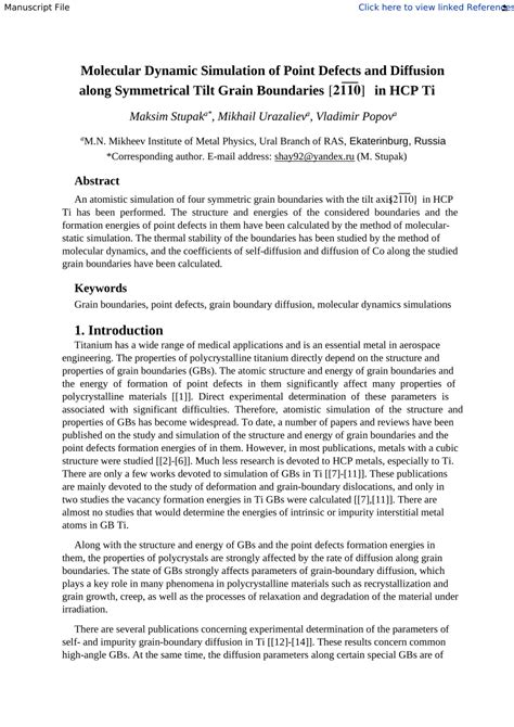 Pdf Molecular Dynamic Simulation Of Point Defects And Diffusion Along Symmetrical Tilt Grain