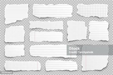 투명한 배경에 찢어진 종이 스트립 찢어진 가장자리가있는 현실적인 구겨진 종이 스크랩 노트북 페이지의 줄 지어 조각 벡터 일러스트레이션 배경 주제에 대한 스톡 벡터 아트 및