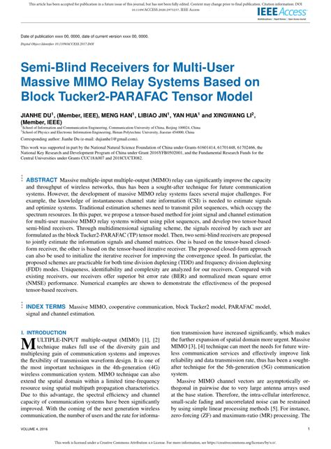 Pdf Semi Blind Receivers For Multi User Massive Mimo Relay Systems Based On Tucker2 Parafac