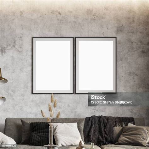 두 개의 직사각형 프레임은 베이지 색 소파와 흰색 검은 색과 베이지 색 베개와 콘크리트 벽에 매달려 3d 렌더링 일러스트레이션 0명에 대한 스톡 사진 및 기타 이미지