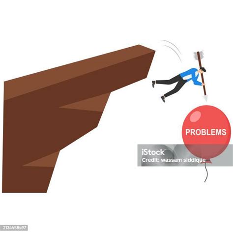 절벽에서 뛰어내리는 사업가가 Problems라는 단어와 함께 빨간 풍선을 터뜨립니다 문제 개념 벡터 일러스트 풀기 바람 빠진 타이어에 대한 스톡 벡터 아트 및 기타 이미지