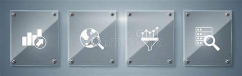 Set Server Sales Funnel With Chart Search Globe And Financial Growth Square Glass Panels