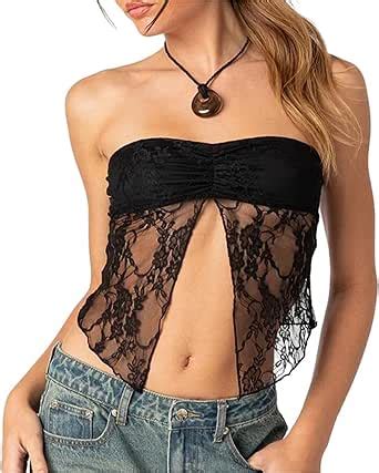 Women Y2k Lace Strapless Tube Top See Through Mesh Crop Top Aesthetic