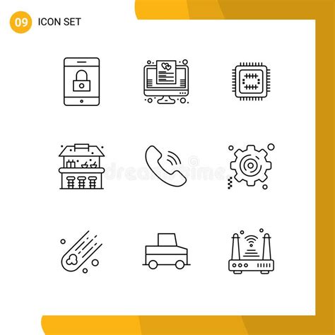Mobile Interface Outline Set Of 9 Pictograms Of Business Communication Tech Call Water Stock