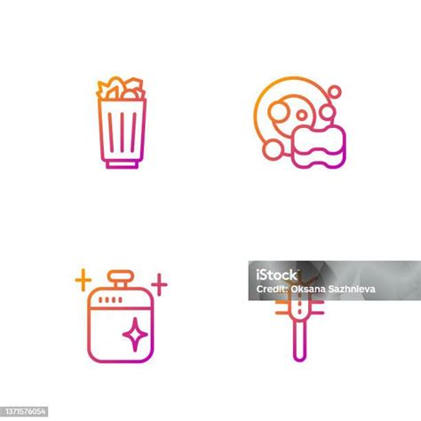 세트 라인 화장실 브러쉬 깨끗한 요리 냄비 전체 쓰레기통 및 설거지 그라데이션 색상 아이콘입니다 벡터 가득 찬에 대한 스톡 벡터 아트 및 기타 이미지 Istock