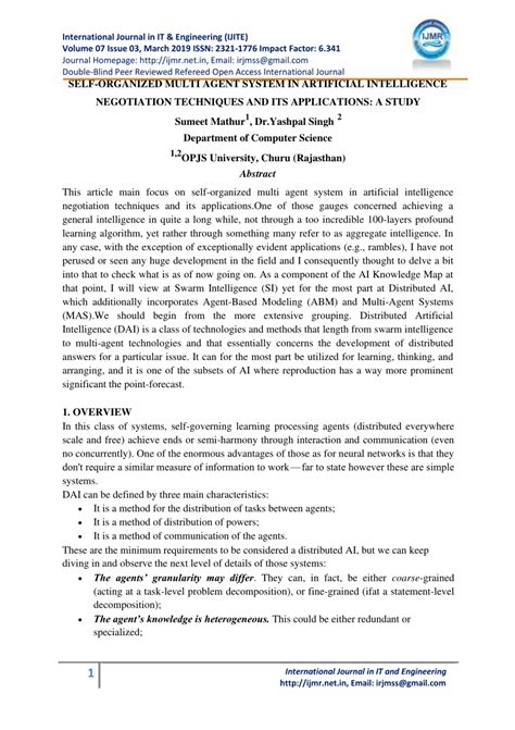 PDF SELF ORGANIZED MULTI AGENT SYSTEM IN ARTIFICIAL INTELLIGENCE NEGOTIATION TECHNIQUES AND