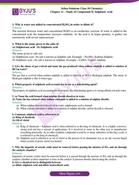 Selina Sol Concise Chem Class 10 Ch 11 Pdf Sulfuric Acid Acid