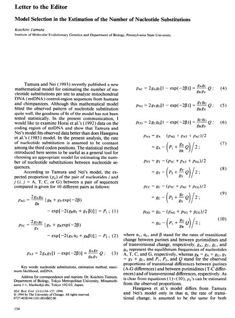 Pdf Model Selection In The Estimation Of The Number Of Nucleotide