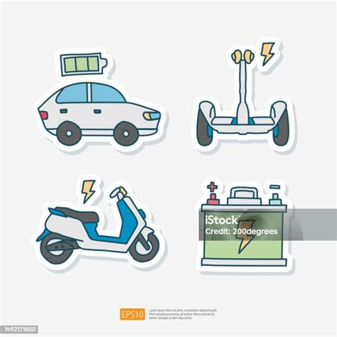 전기 자동차 및 차량 에코 배터리 축전지 에너지 급유 전기 오토바이 및 스쿠터 낙서 스티커 아이콘 세트 생태 운송 벡터 그림 개념에 대한 스톡 벡터 아트 및 기타 이미지