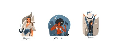 손으로 그린 벡터 스톡 추상그래픽 일러스트와 조디악 천체 현대 물 표지판 컬렉션 세트 뷰티 매직 여성 캐릭터 흰색 배경에 고립 된 클립 아트 보호 디자인 물병자리에 대한