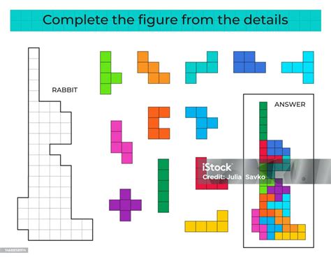 토끼와 퍼즐 게임 어린이를 위한 컬러풀한 디테일 완전한 그림 아이들을위한 교육 게임 유치원 워크 시트 활동 0명에 대한 스톡