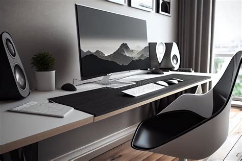 Modern Desk With Sleek And Minimalist Design Featuring A Large Monitor