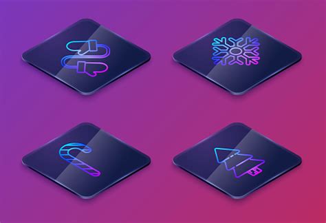 니트 크리스마스 장갑 줄무늬 눈송이와 크리스마스 트리와 크리스마스 사탕 지팡이의 Isometric 라인 쌍을 설정합니다 파란색 정사각형 버튼 벡터 12월에 대한 스톡 벡터