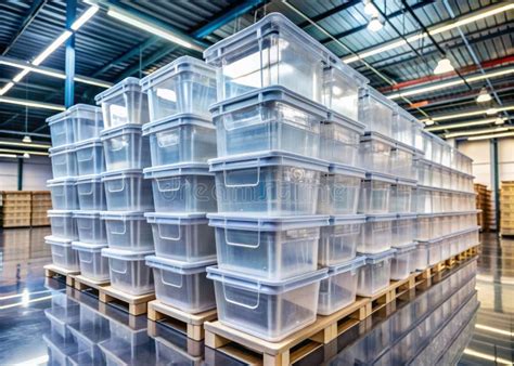 Industrial Plastic Storage Bins Stacked On Warehouse Shelf Ready For