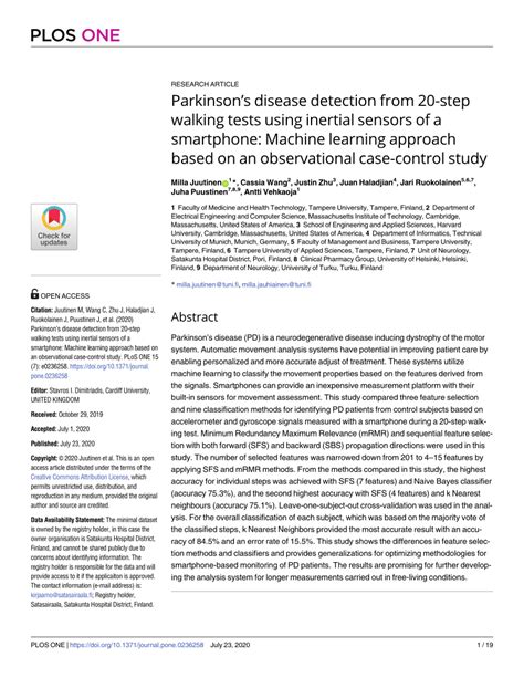 Pdf Parkinsons Disease Detection From 20 Step Walking Tests Using
