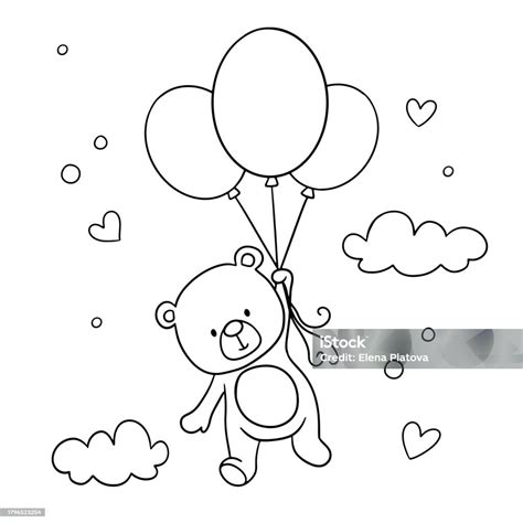 귀여운 만화 곰이 구름 속에서 풍선을 들고 날아다닌다 벡터 재미있는 만화 곰 윤곽선 스케치 그림은 유치한 색칠 공부 또는