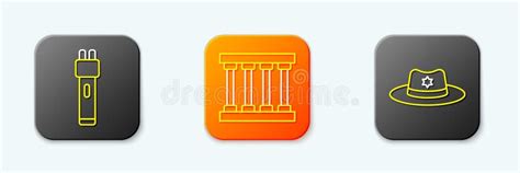 Set Line Police Electric Shocker Prison Window And Sheriff Hat With Badge Icon Vector Stock