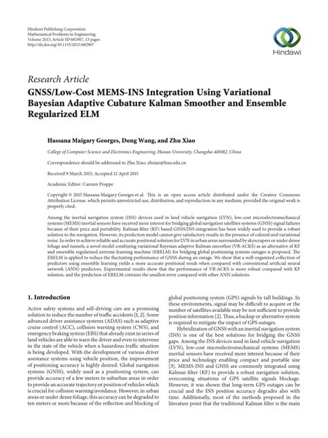 Pdf Gnsslow Cost Mems Ins Integration Using Variational Bayesian Adaptive Cubature Kalman