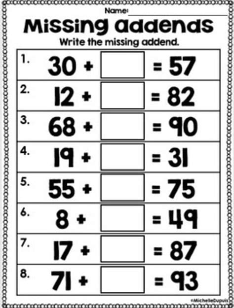 Missing Addends Worksheets And Task Cards Find The Missing Addend Practice