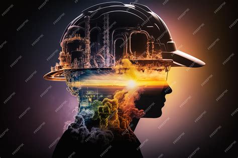 에너지 부문 및 미래 제조의 개념적 그래픽 디자인 이중 노출 아트워크를 통해 석유 가스 및 석유화학 정유 시설은 전력의 미래를 보여줍니다 Generative Ai