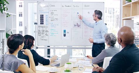 Presentation Meeting And Business People With Whiteboard In Office For