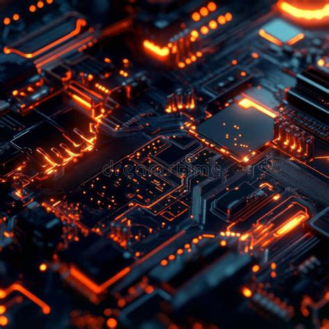 Futuristic Circuit Board With Glowing Orange Elements And Complex Patterns Stock Image Image