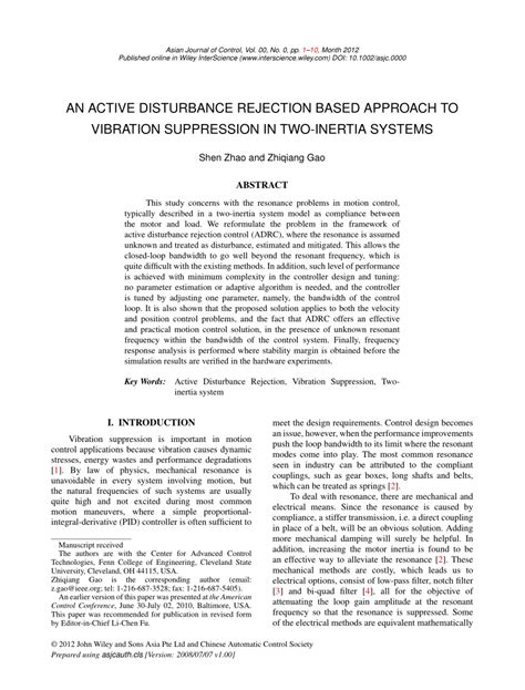 Pdf An Active Disturbance Rejection Based Approach To Vibration Suppression In Two Inertia Systems