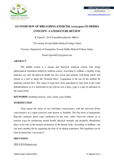 Pdf An Overview Of Breathing Exercise Vasiyogam In Siddha Concept A Literature Review
