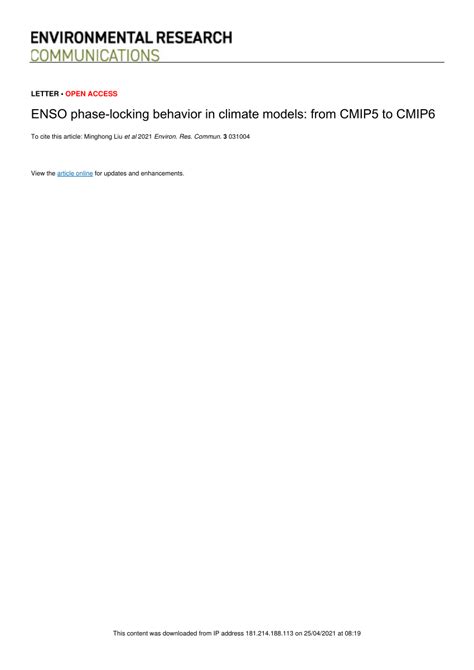 Pdf Enso Phase Locking Behavior In Climate Models From Cmip5 To Cmip6