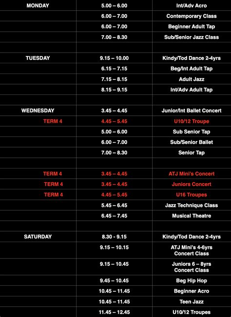 Timetable All That Jazz Dance