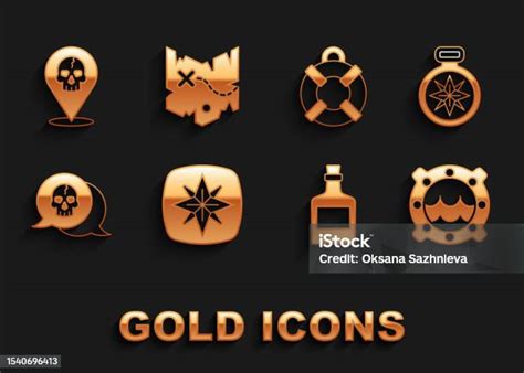 바람 장미 나침반 바다 풍경이 있는 선박 현창 알코올 음료 럼 해골 구명 부표 위치 해적 및 해적 보물 지도 아이콘을 설정합니다 벡터 가공의 인물에 대한 스톡 벡터 아트 및