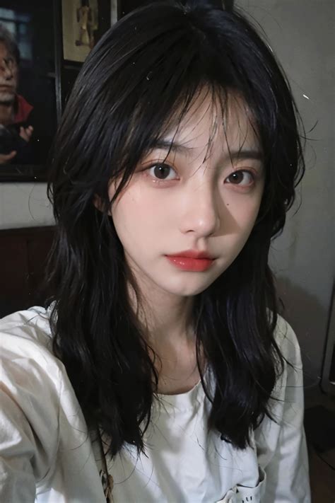 긴 검은 머리와 흰 셔츠를 입은 여자의 클로즈업 Seaart Ai