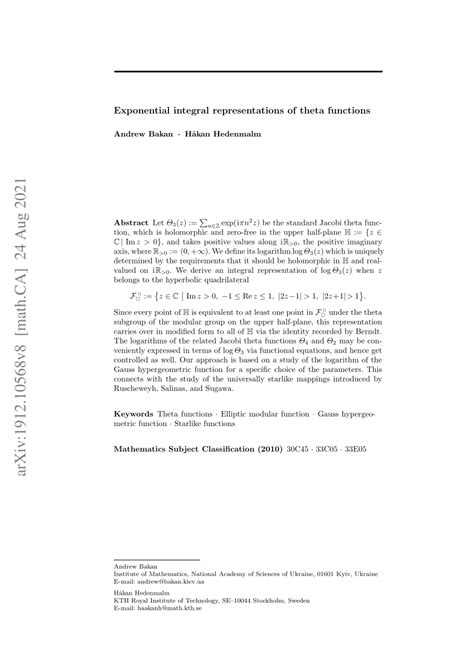 Pdf Exponential Integral Representations Of Theta Functions