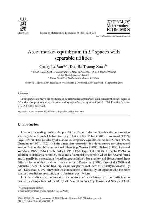 Pdf Asset Market Equilibrium In Lp Spaces With Separable Utilities