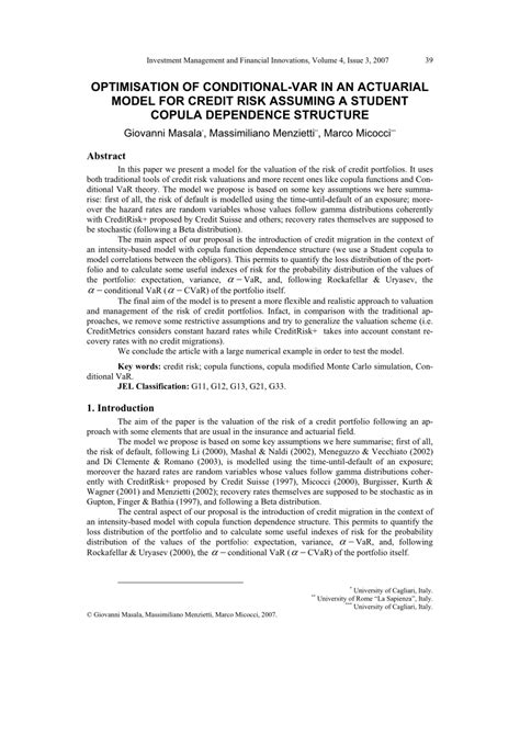 Pdf Optimisation Of Conditional Var In An Actuarial Model For Credit