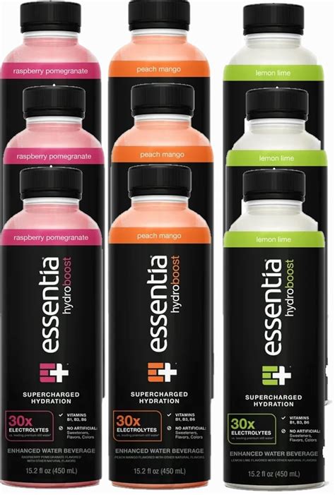 Essentia Hydroboost Enhanced Bottled Water Lemon Lime Peach Mango Pomegranate Rasberry