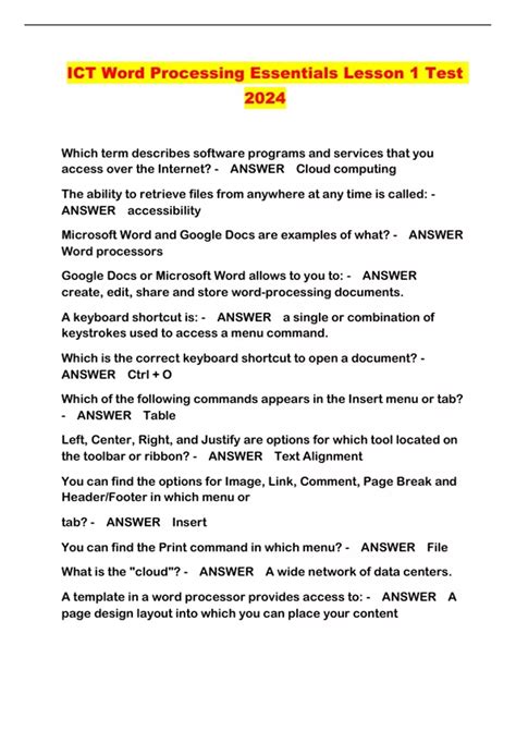 ICT Word Processing Essentials Lesson 1 Test 2024 ICT Word Processing Essentials Stuvia US