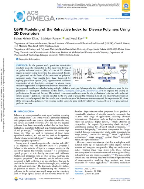 Pdf Qspr Modeling Of The Refractive Index For Diverse Polymers Using 2d Descriptors