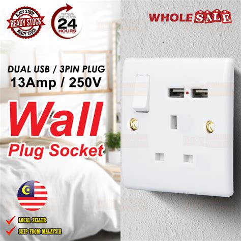 13a Fast Charging 3 Pin Plug Wall Socket With Dual Usb Charging Ports Soket Plug Dinding 13a