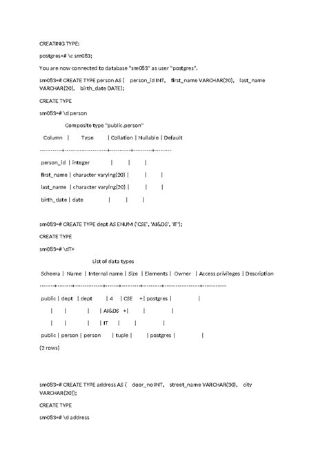 Dbms 9 Database Management Creating Type Postgres C Sm083 You Are Now Connected To