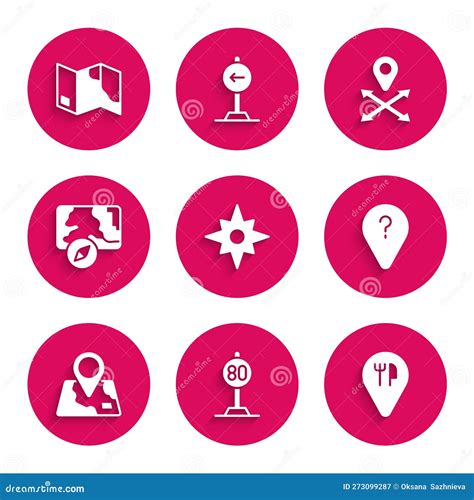 Set Wind Rose Speed Limit Traffic Cafe And Restaurant Location Unknown Route Point Folded