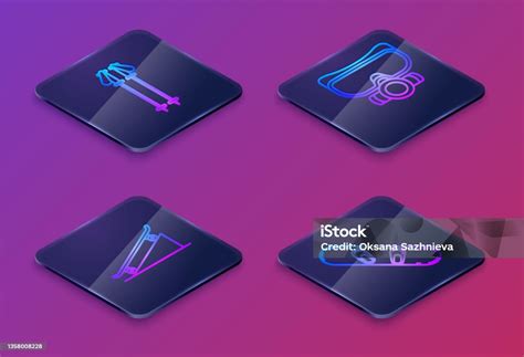 도로 경사로에 아이소메트릭 라인 스키 기둥 스케이트 보드 다이빙 마스크와 스노우 보드를 설정합니다 파란색 정사각형 버튼 벡터 3차원 형태에 대한 스톡 벡터 아트 및 기타