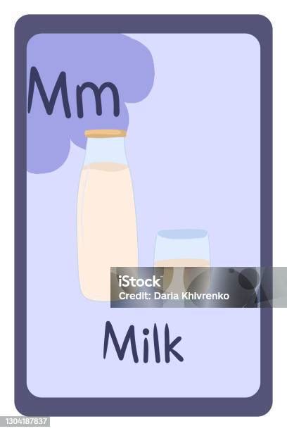화려한 Abc 교육 플래시 카드 편지 M 병과 유리우유 음식 과일 및 채소와 알파벳 벡터 그림 학교 공부 학습 개념 개념에 대한