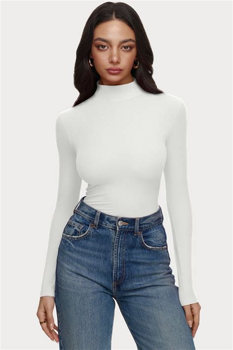 Ribbed Knit Basic Mock Neck Long Sleeve Shirts Reoria