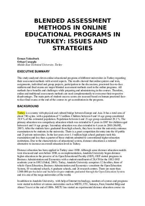 Doc Blended Assessment Methods In Online Educational Programs In Turkey Issues And Strategies