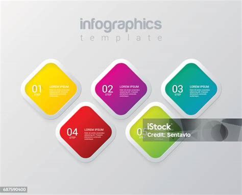 인포 그래픽 디자인 벡터 템플릿입니다 여러 가지 빛깔의 5 단계 제곱 마름모 셀 프로세스 단계 레이블 이랑 템플릿입니다 인포 그래픽 배경 개념 컬렉션입니다 0명에 대한 스톡