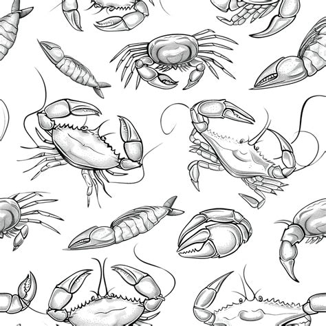 Seamless Pattern With Shrimp Fish Crabs And Mussels Outline Sea Food
