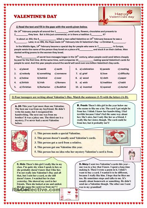 Free Printable Valentine Day Reading Comprehension Worksheets